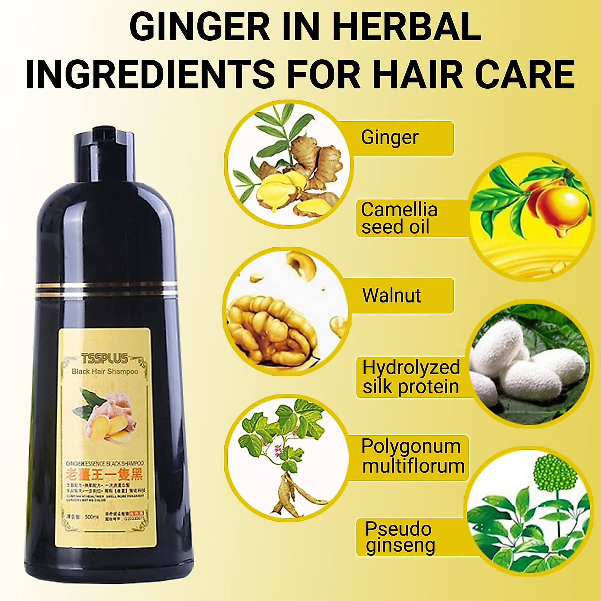 TSSPLUS Hair Dye Shampoo 3 in 1, Ginger Essence Black Hair Dye 16.9 Fl Oz, Black Hair Shampoo, Semi-Permanent Hair Color For Men and Women, 100% Gray Hair Coverage, Safe and Hair herbal shampoo