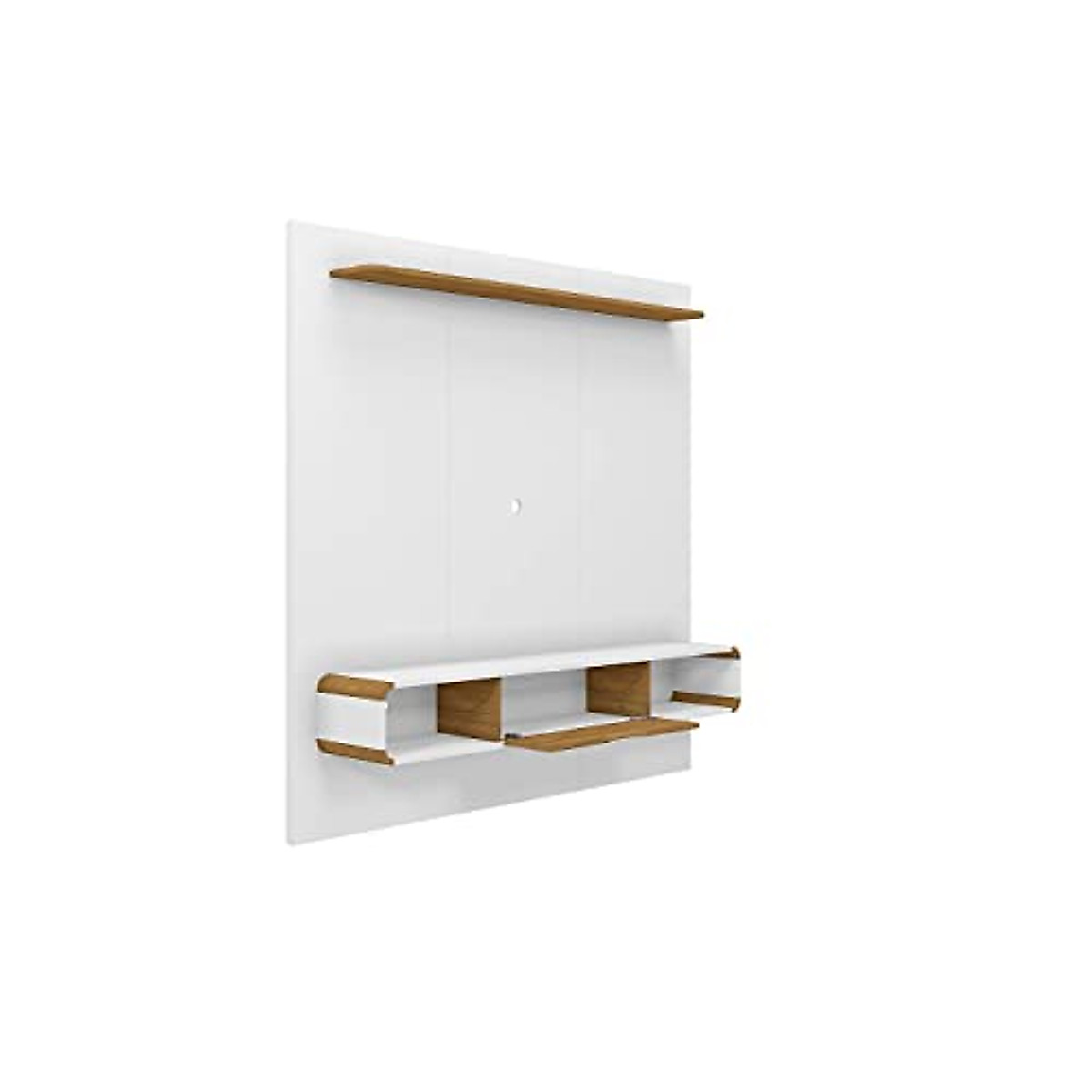 Manhattan Comfort Camberly 62.36" Floating Entertainment Center with 3 Shelves and Overhead Décor Shelf, White and Cinnamon