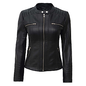 fjackets Womens Leather Jacket - Womens Real Black Leather Bomber Jacket Women With Removable Hood - Hln Black | [1313775] XL