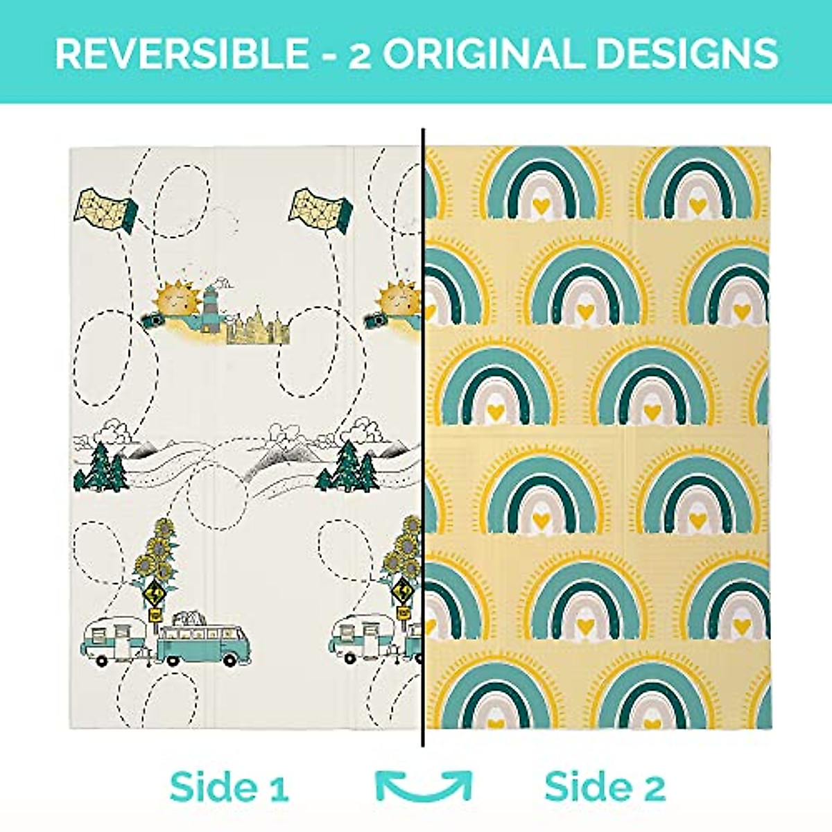 JumpOff Jo - Large Waterproof Foam Padded Play Mat for Infants, Babies, Toddlers, Play Pens & Tummy Time, Foldable Activity Mat, 70 in. x 59 in. - Road Trip