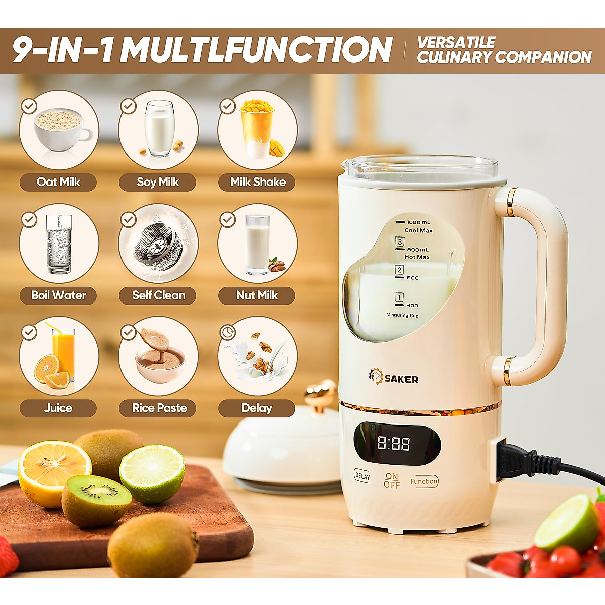 SAKER Automatic Nut Milk Maker,35oz Homemade Almond, Oat, Soy, Plant-Based Milk and Dairy Free Beverages, Almond Milk Maker with Delay Start/Keep Warm/Boil Water, Soy Milk Maker