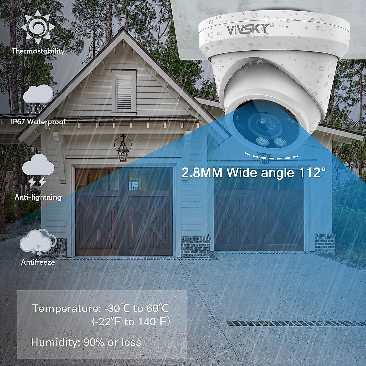 6MP PoE Outdoor IP Camera, 2.8mm Lens, Dome EXIR Turret Security Network Surveillance Camera, Up to 98ft/30m Night Vision, H.265, IP67