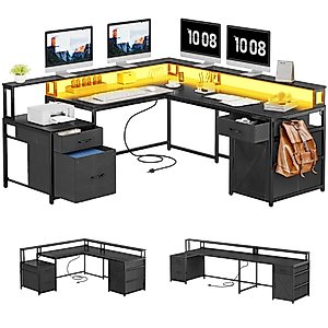 YITAHOME L Shaped Desk, 63" Reversible Computer Desk with 3 Drawers & Power Outlets, Corner Desk with LED Lights & Storage Cabinet, Long Home Office Desk, Black