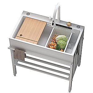 Free Standing Stainless-Steel Sink Single Bowl,Commercial Restaurant Nano Raindance Waterfall Kitchen Sinks w/Faucet&Drainboard,Prep Utility Laundry Washing Hand Basin w/Storage Shelves Indoor Outdoor