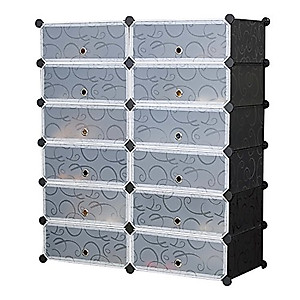 UNICOO - Multi Use DIY Plastic 12 Cube Shoe Rack,Organizer, Bookcase, Shoes Cabinet (2×6, Black with White Doors)