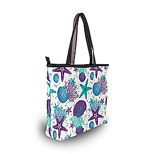 ZENWAWA Starfish Seashell Tote Bag Zipper Large Capacity Women Grocery Bag Purse Shoulder Bag 2 Sizes