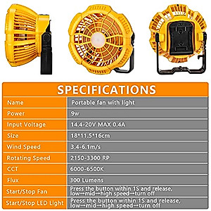 YEX-BUR Portable Camping Fan for dewalt, Rechargeable Personal Desk Tent Fan with Foldable Hook,Remote Control 4H Timer Powered by Dewalt 20V Li-ion Battery Cordless Fan for Camping, Office, Travel