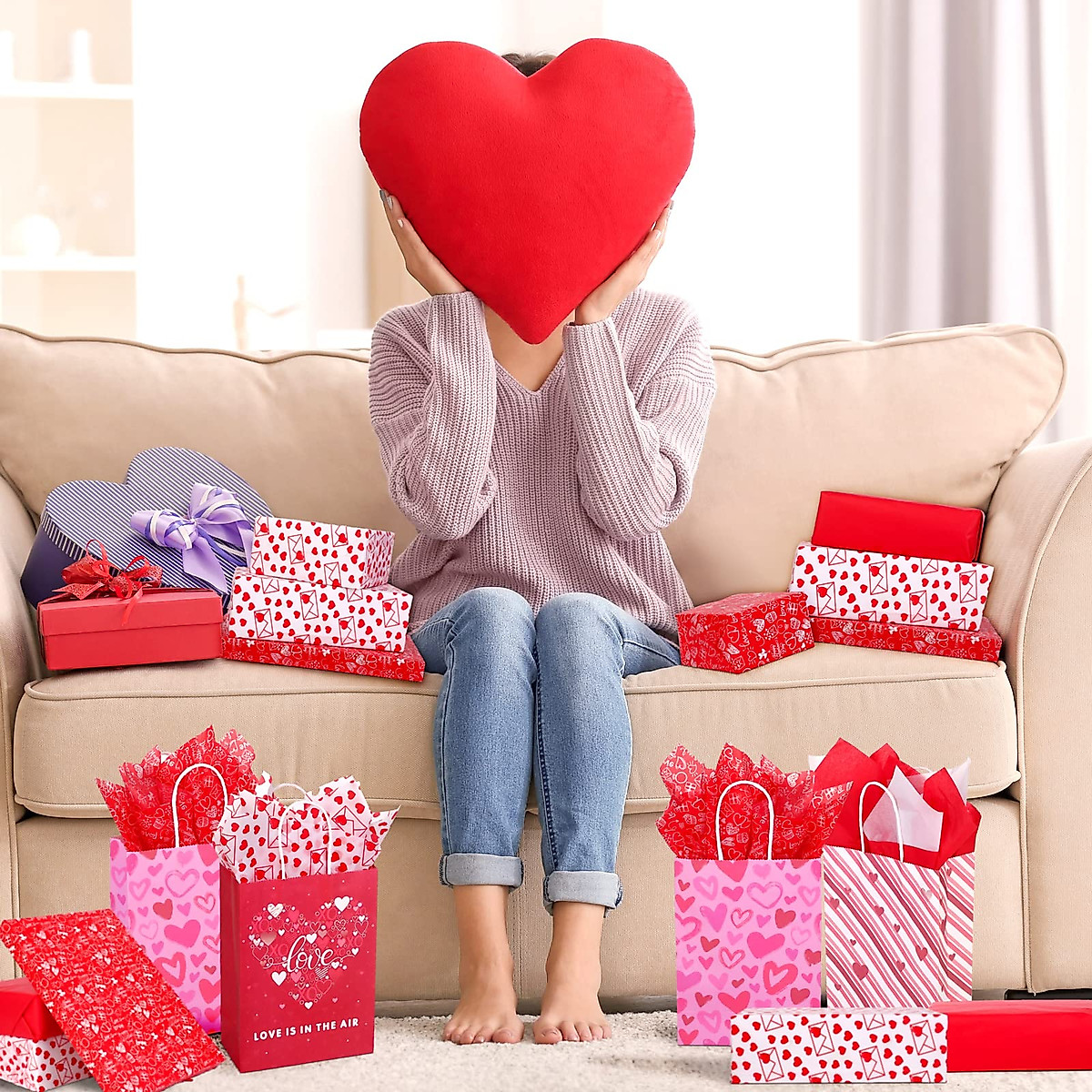 Fovths 16 Pieces Valentines Bags with 24 Sheets Tissue Paper 8.6 Inch Valentine Paper Gift Bags with Handle Love Gift Bag for Valentine's Day Wedding Birthday Party Supplies