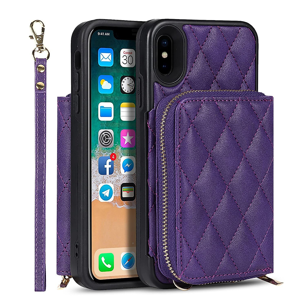ShunJieTech for iPhone Xs Max Case,for iPhone XSMax Wallet Case with Card Holder,Crossbody Chain Purse Wrist Handbag Strap Leather Cover Case [Card Slots][Coin Zipper Pocket](6.5")-Purple