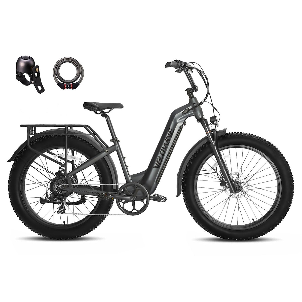 VELOWAVE Electric Bike 26" Fat Tire Ebike Electric Bike for Adults with 750W(Peak 1000W) Brushless Motor 48V 15AH Removable LG Cell Battery Step-Thru E Bike Shimano 7-Speed with Lock& Bell