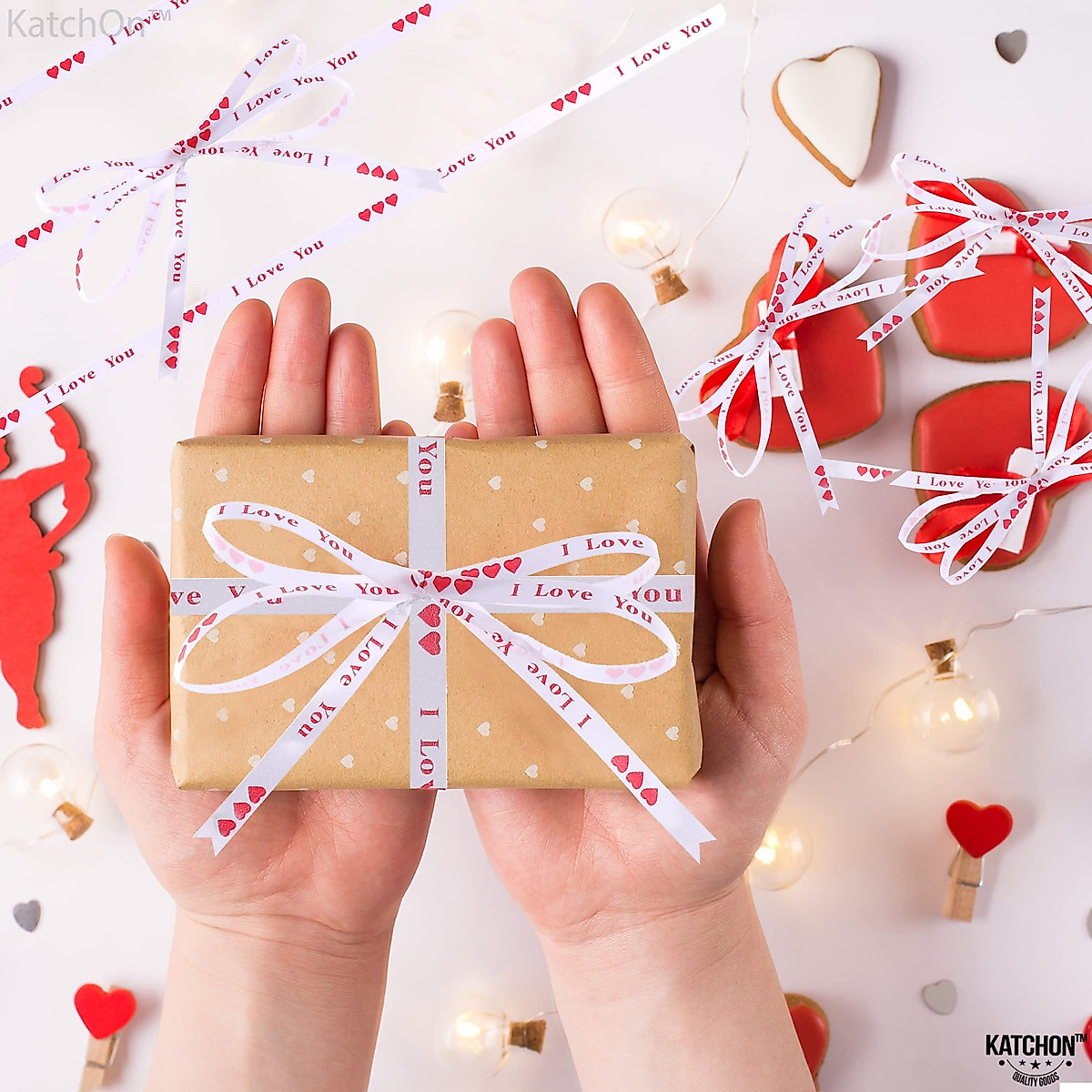 Valentine I Love You Ribbon Roll - 100 Yards, Red Heart Ribbon Wired | Red and White Valentine Ribbon for Gift Wrapping | Hearts Print Valentines Ribbon for Flower Crafts | Valentine Curling Ribbon