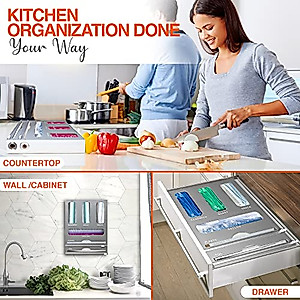 Acrylic Ziplock Bag Storage Organizer For Kitchen Organization Compatible with Gallon, Quart, Sandwich & Snack Variety Bags with Plastic Wrap, Aluminum Foil Dispenser & Cutters with Labels 6 IN 1