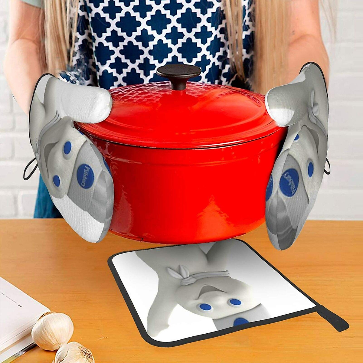 Woidxzxza Pillsbury Doughboy Oven Mitts and Pot Holders Set, Heat Resistant Kitchen Bake Gloves Non-Slip Pot Holders for Cooking, Baking,Grilling, Barbecue,BBQ