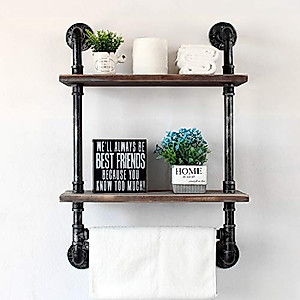 Industrial Pipe Shelf Bathroom Shelves Wall Mounted,19.6in Rustic Wood Shelf with Towel Bar,2 Tier Farmhouse Towel Rack Over Toilet,Pipe Shelving Floating Shelves Towel Holder,Retro Grey
