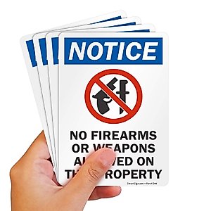 SmartSign (Pack of 4) 7 x 5 inch “Notice - No Firearms Or Weapons Allowed On This Property“ Sticker Labels with Symbol, 5 mil Laminated Polyester with SuperStick Adhesive, Multicolor
