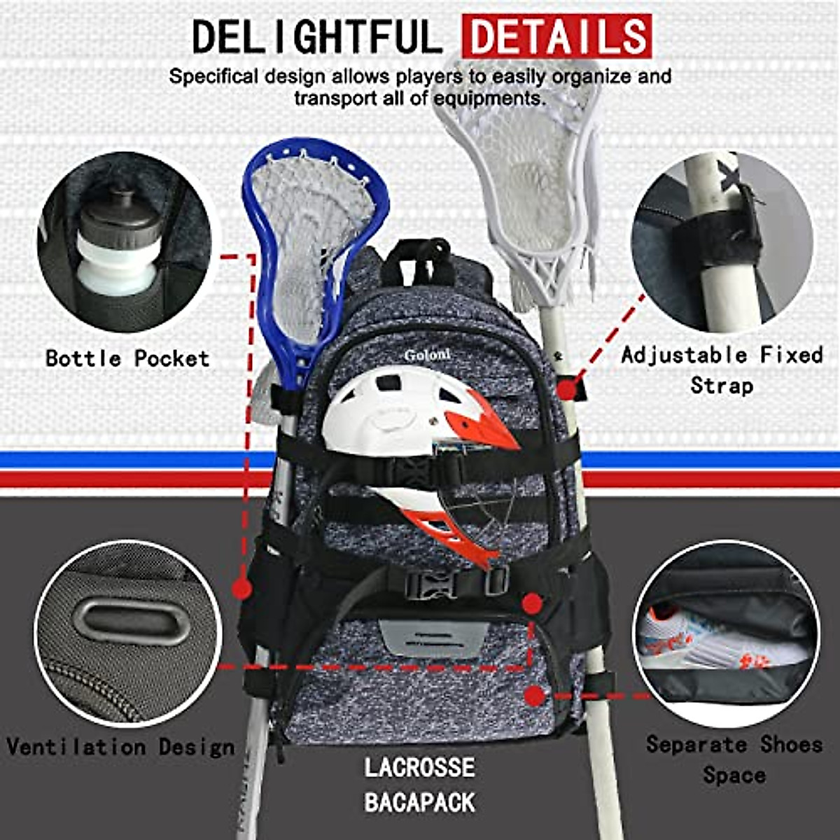 Goloni | Large Lacrosse Equipment Backpack with Two Sticks holder and Separate Cleats Compartment Field Hockey Bag
