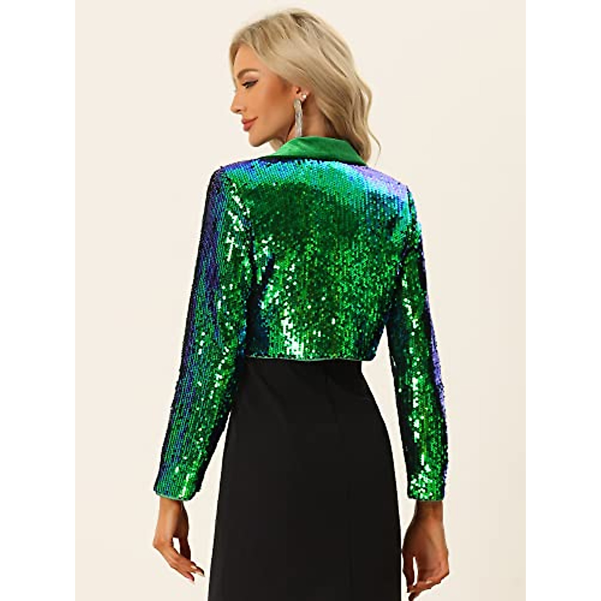 Allegra K Open Front Cardigan for Women's Notched Lapel Cropped Party Club Sparkly Sequin Blazer Medium Green