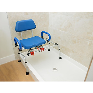 iLIVING ILG-668 Tub Transfer Bench Shower Chair for Inside Shower with Easy Access Swivel Padded Seat and Pivoting Arms, and Adjustable Height for Handicap and Seniors, Blue