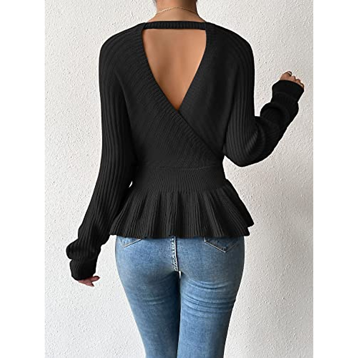 SweatyRocks Women's Deep V Neck Rib Knit Wrap Top Long Sleeve Ruffle Hem Peplum Sweater Black M