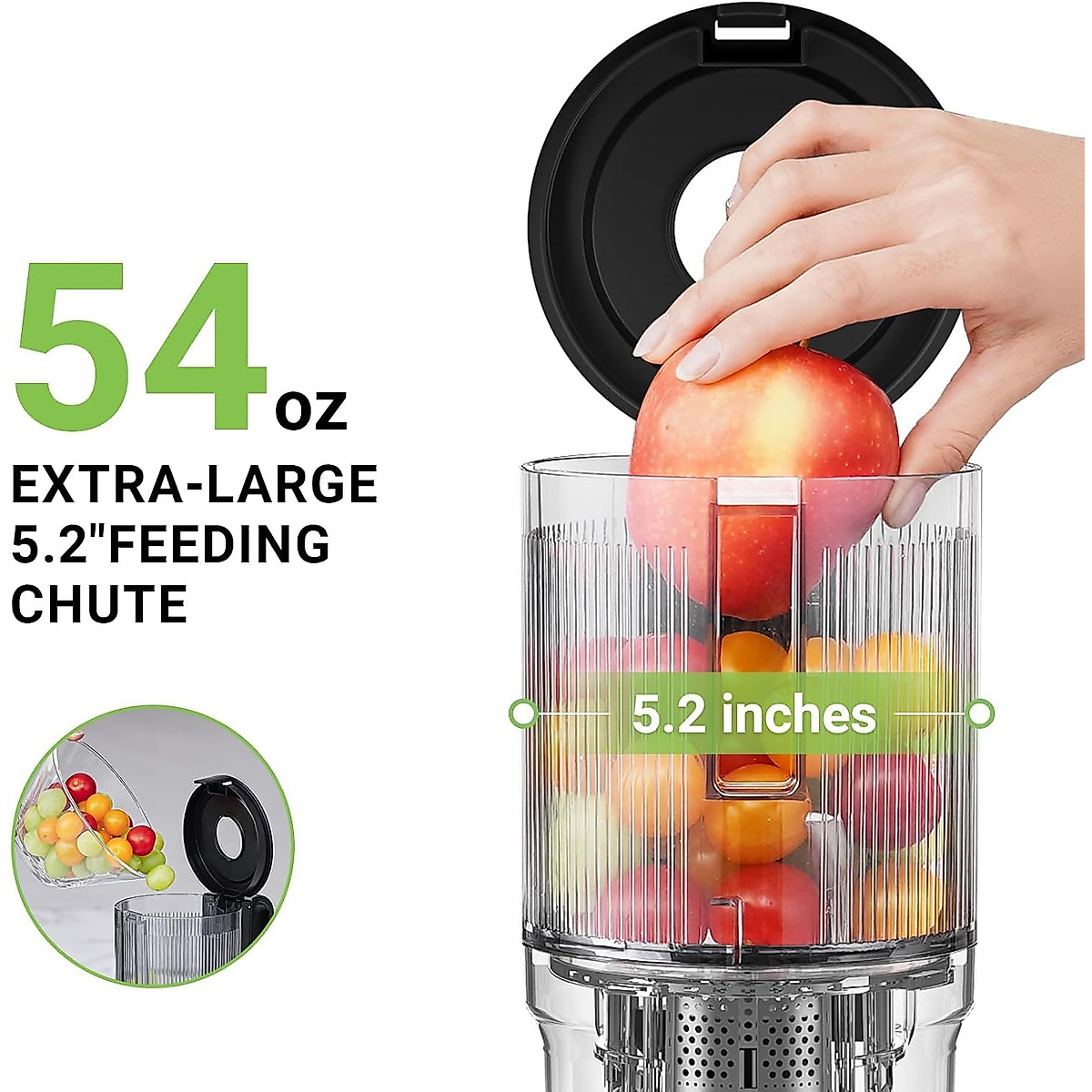AMZCHEF Cold Press Juicer, Juicer Machines - 5.2" Large Feed Chute for Whole Fruits & Vegetables, Stainless Steel Slow Masticating Juicer Easy to Clean, Large Auger, Double Strainers, Silver