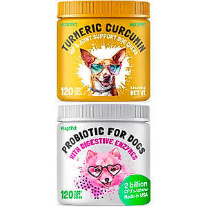 Turmeric Curcumin Hip & Joint Dogs Supplement Anti-Inflammatory Support 120 Chews and Probiotics for Dogs Natural Digestive Enzymes Prebiotics for Allergy 120 Chews
