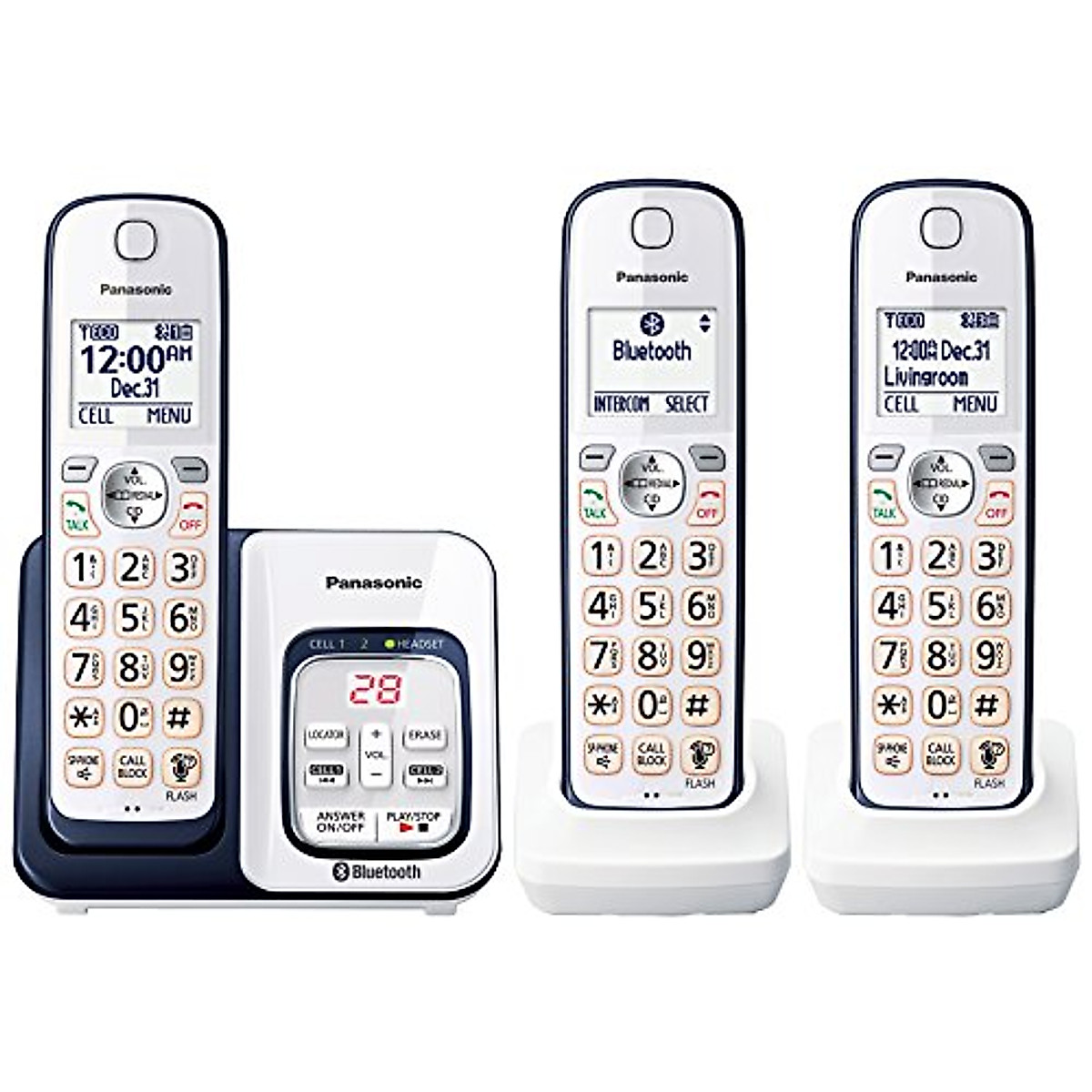 Panasonic Expandable Cordless Phone System with Link2Cell Bluetooth, Voice Assistant, Answering Machine and Call Blocking - 3 Cordless Handsets - KX-TGD563A (Navy Blue/White)