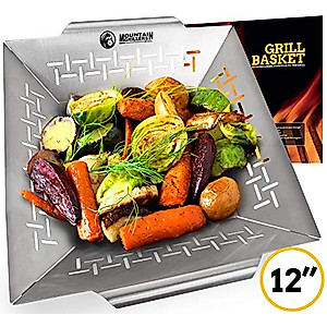 Mountain Grillers Veggie Grill Basket - Heavy Duty Vegetable Grilling Basket also for Fish Meat and Shrimp - Suitable for All Grills BBQ & Smokers - Stainless Steel - 12 Inch vegetable bbq pan