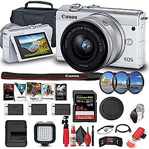 Canon EOS M200 Mirrorless Digital Camera with 15-45mm Lens (White) (3700C009) + 64GB Card + Case + Filter Kit + Corel Photo Software + 2 x LPE12 Battery + External Charger + More (Renewed)