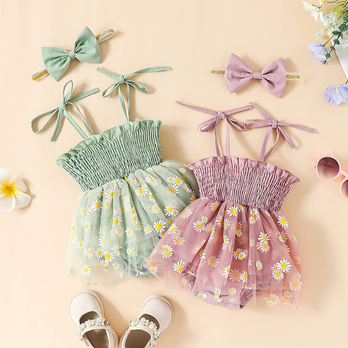 Nyapruwe Newborn Infant Baby Girl Romper Dress Spaghetti Straps Floral Print Romper with Headband Summer Clothes Outfits (Green, 0-3 Months)