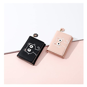 Sunwel Fashion Cute Little Cat Pattern Small Wallet Credit Card Holder Cash Pockets ID Window with Paw Pendant (BLACK, Tri-fold)