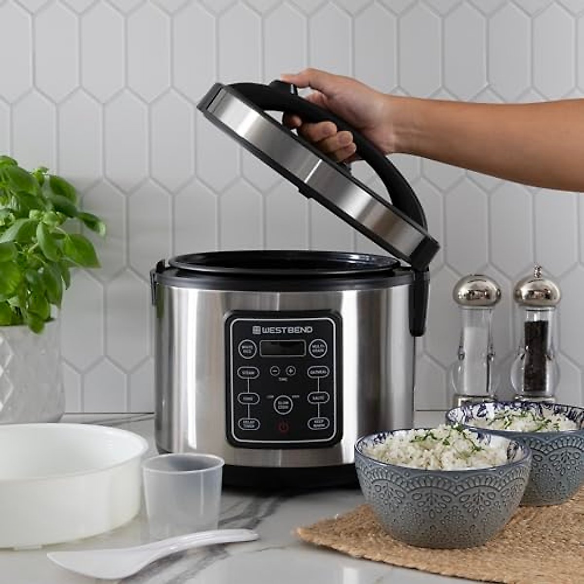 West Bend Rice & Grain Multi Cooker Programmable with 9 Preset Functions, Features Delay Start and Keep Warm Functions and Steam Basket, 20 Cups Cooked, Stainless Steel
