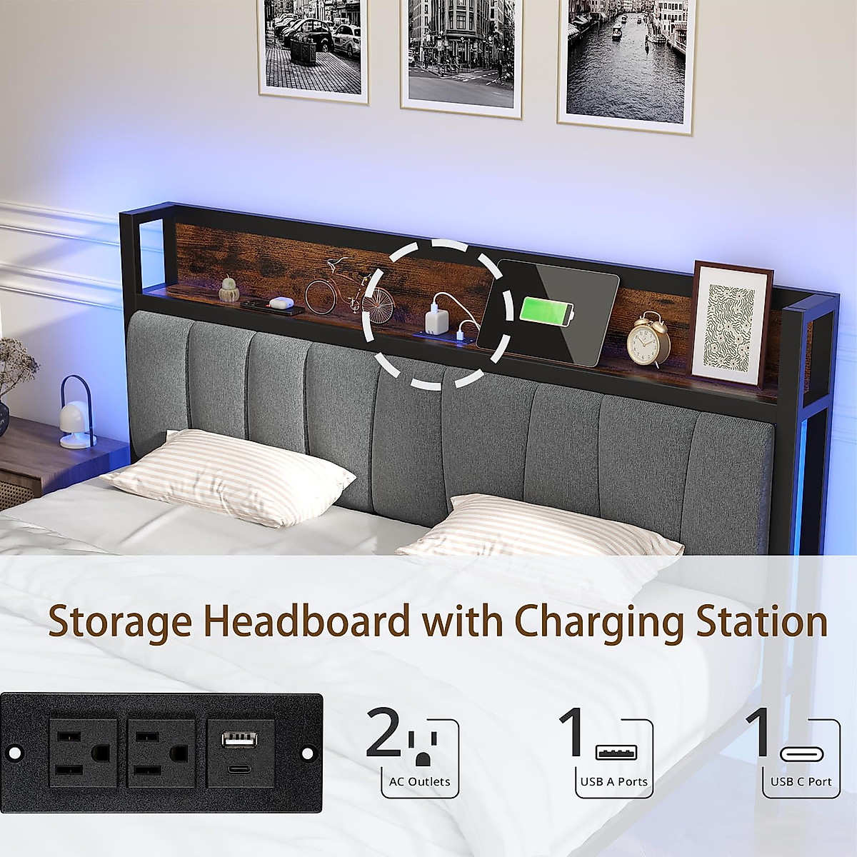 IETEBHHAS LED Queen Size Bed Frame with Headboard Storage Drawers, Smart Queen Bed Frames with Charging Station USB, Upholstered Platform Bed Frames Queen Size, Grey