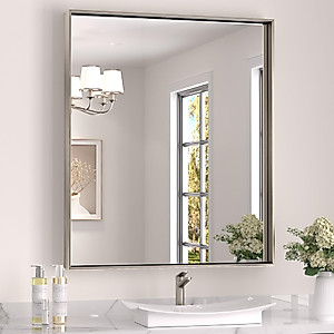 Keonjinn 30 x 36 in Brushed Nickel Bathroom Mirror for Over Sink, Rectangular Silver Metal Framed Rectangular Vanity Wall Mirror Square Corner Modern Farmhouse Rectangle Mirror(Horizontal/Vertical)