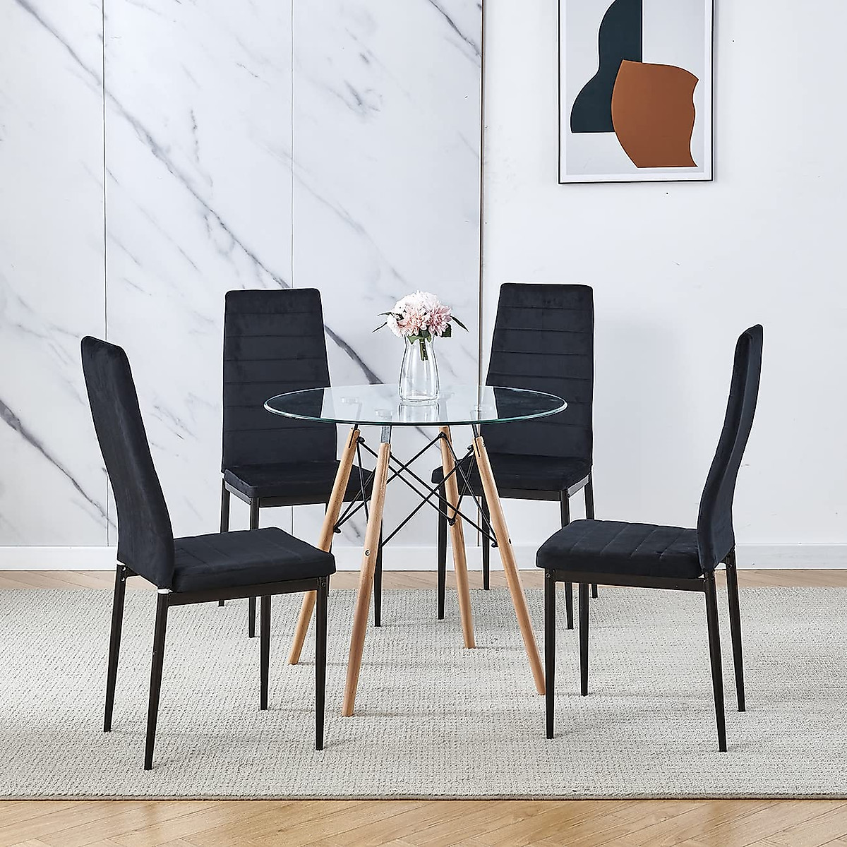 NIBLU Round Glass Dining Table Set for 2,Person Small Round Dinner Table and Velvet Chairs Set for Kitchen Room, 32 inch Leisure Coffee Table for Living Room Accent Table