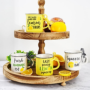 Whaline Summer Lemon Mini Coffee Mug with Ribbon Lemon Fresh Squeeze Mini Drinking Mug Yellow White Summer Tiered Tray Decor for Table Centerpieces Decor Housewarming Gift, 4Pcs