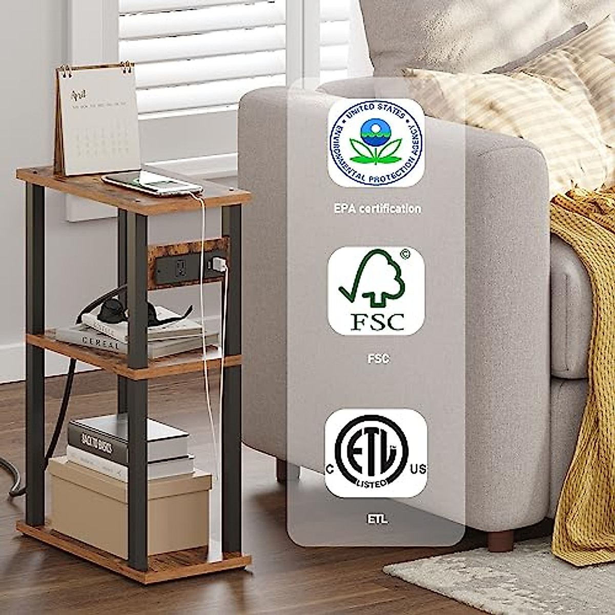 TUTOTAK Small Narrow Side Table with Charging Station, Skinny End Table for Small Spaces, Slim Nightstand with USB Ports and Outlet, Sofa Beside Table with Wheels, Brown TB01BB046