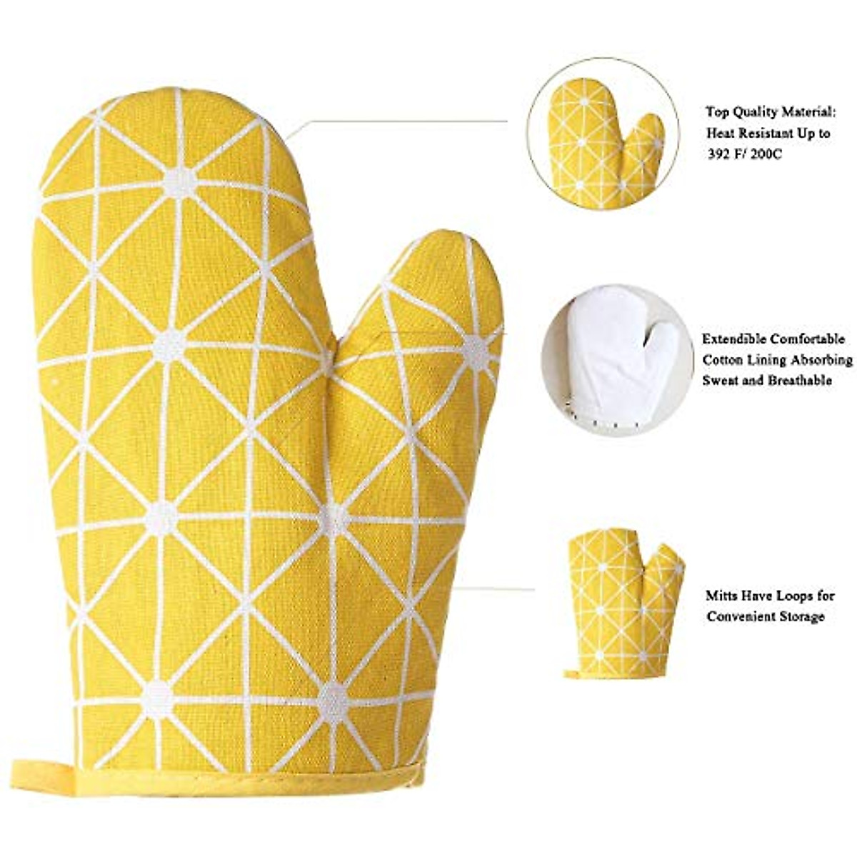 SUJAYU Oven Mitts, 2 Pack 10.6" X 6.7" Cotton Oven Mitt Pot Holders, Non-Slip 392°F Heat Resistant Oven Mits Kitchen Gloves Potholders for Cooking Baking Grilling (Yellow)