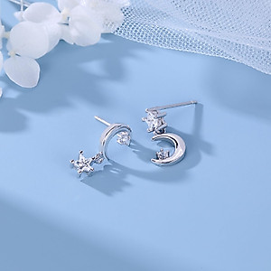 SLUYNZ 925 Sterling Silver CZ Crystal Star Moon Studs Earrings for Women Sparkling Asymmetric Studs Earrings (Star Moon Earrings)