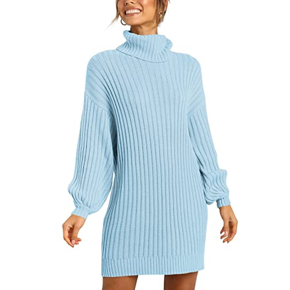 ANRABESS Women Oversized Sweater Dress Turtleneck Batwing Long Sleeve Ribbed Knit Loose 2024 Fall Winter Casual Short Dress A240danlan-M Light Blue