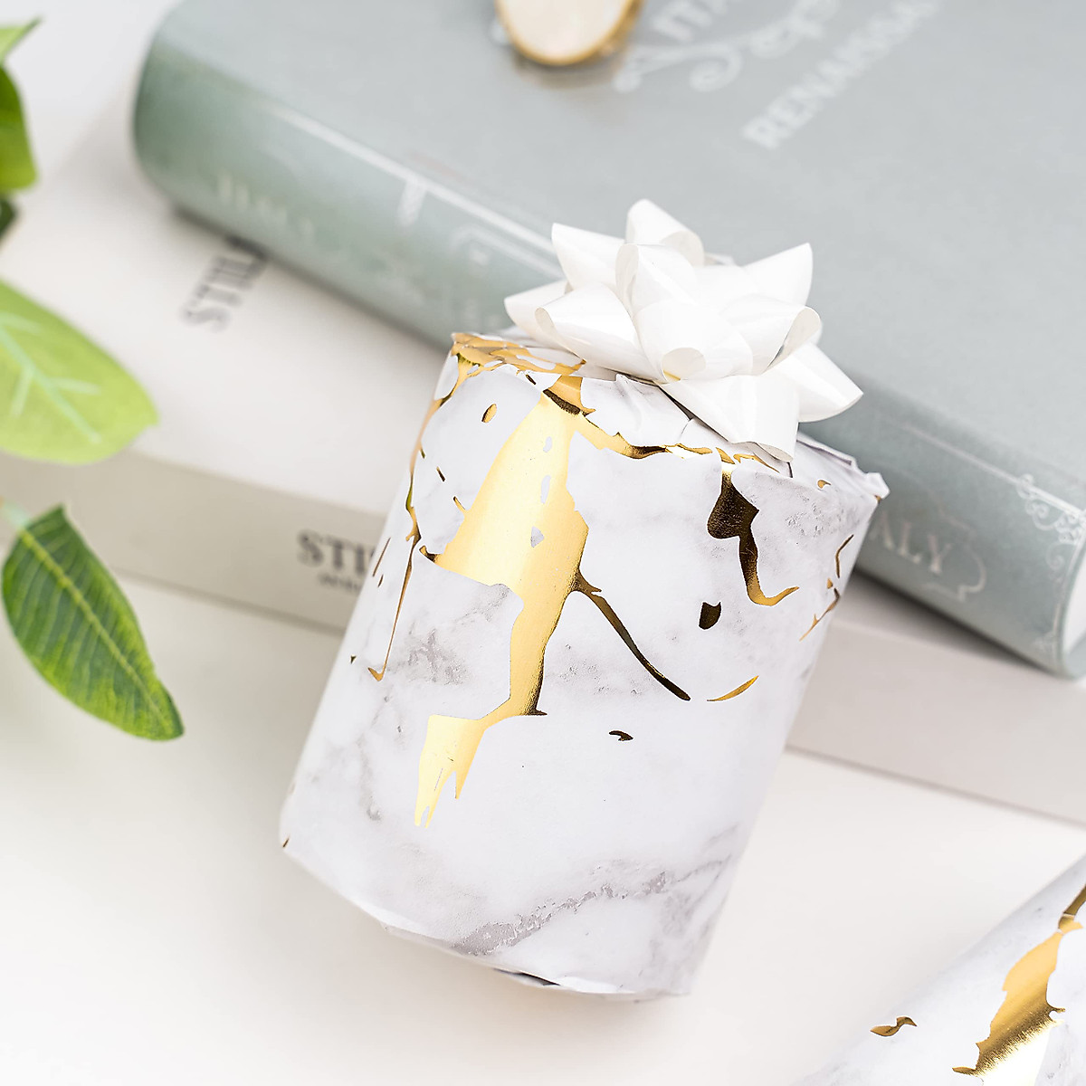 WRAPAHOLIC Wrapping Paper Roll - Mini Roll - 17 Inch X 33 Feet - White Marble with Gold Foil Design, Perfect for Birthday, Holiday, Wedding, Baby Shower