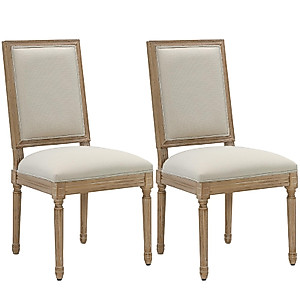 Farmhouse Dining Chairs Set of 2 French Country Kitchen Chairs with Rectangular Back and Solid Wood Legs, Upholstered Rectangular Side Chairs for Dining Room Living Room Kitche (Beige)