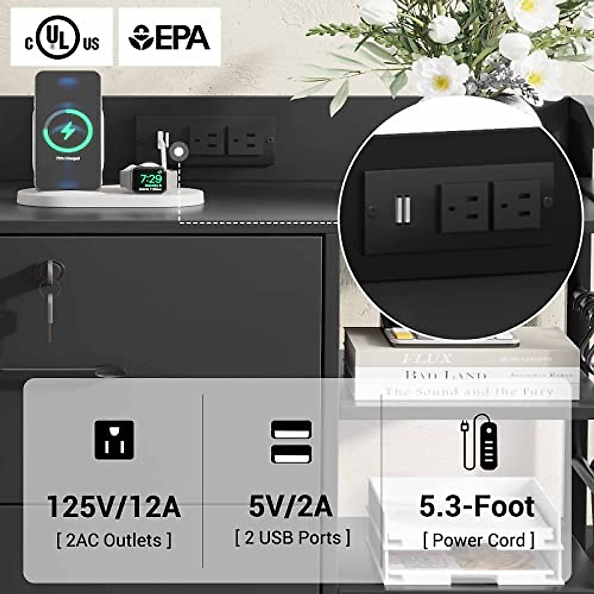 SEDETA 44" File Cabinet, Filing Cabinet fits Legal/Letter Size, 2 Drawer File Cabinets for Home Office with Lock, Power Strip, 6 Storage Shelves, Rustic Brown