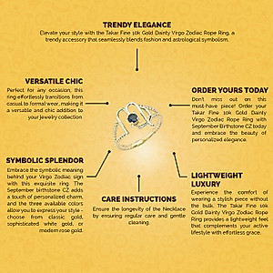 Takar 10K Gold Virgo Zodiac Ring With Cubic Zirconia, Gold Rope Astrology Rings For Women And Men, September Birthstone Ring, Astrology Gifts For Women, Made In USA