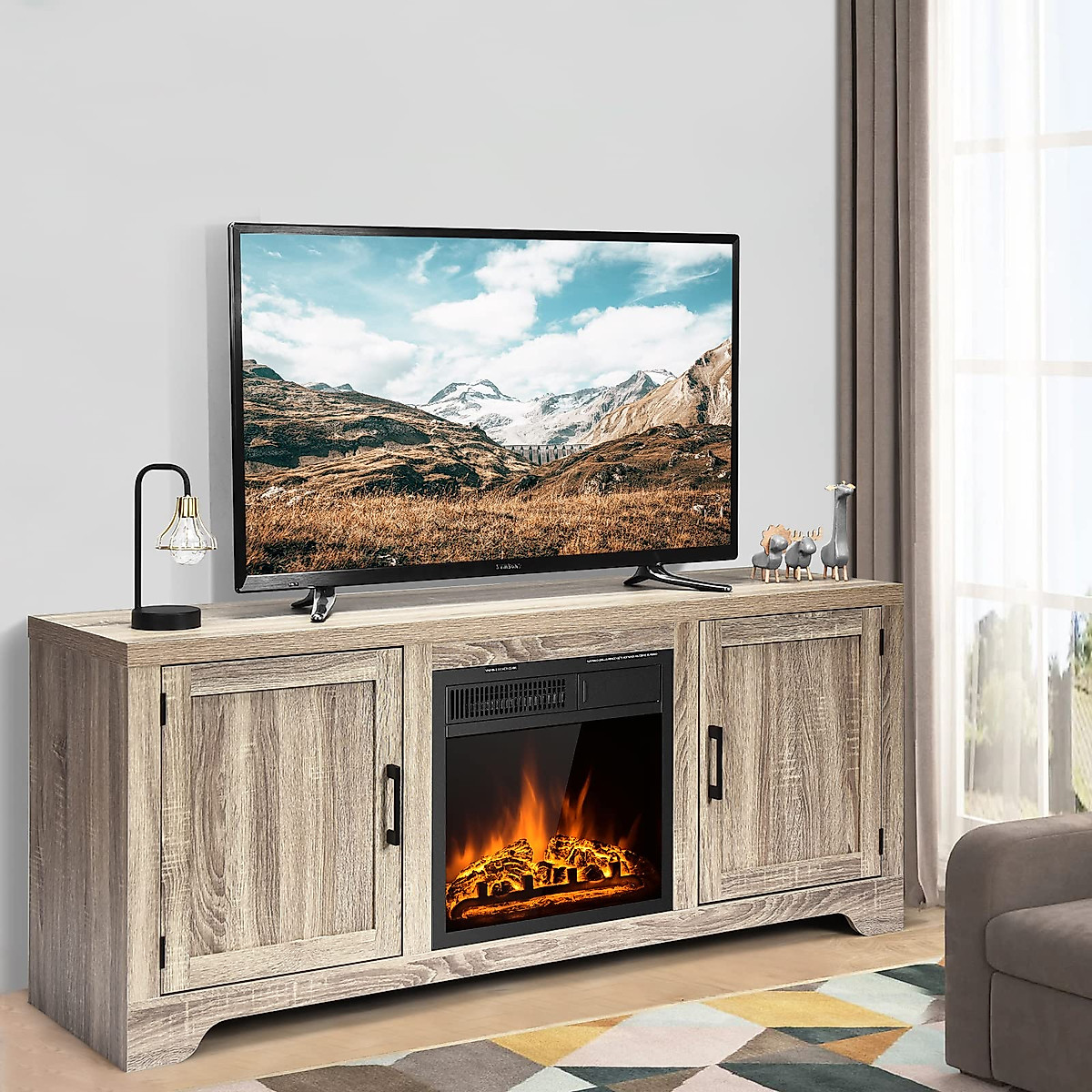 Tangkula 58-Inch Fireplace TV Stand, Media Entertainment Center with TVs up to 65 Inches, 750W/1500W 18-Inch Electric Fireplace with 7-Level Flame Brightness, Dual Control, Farmhouse TV Console