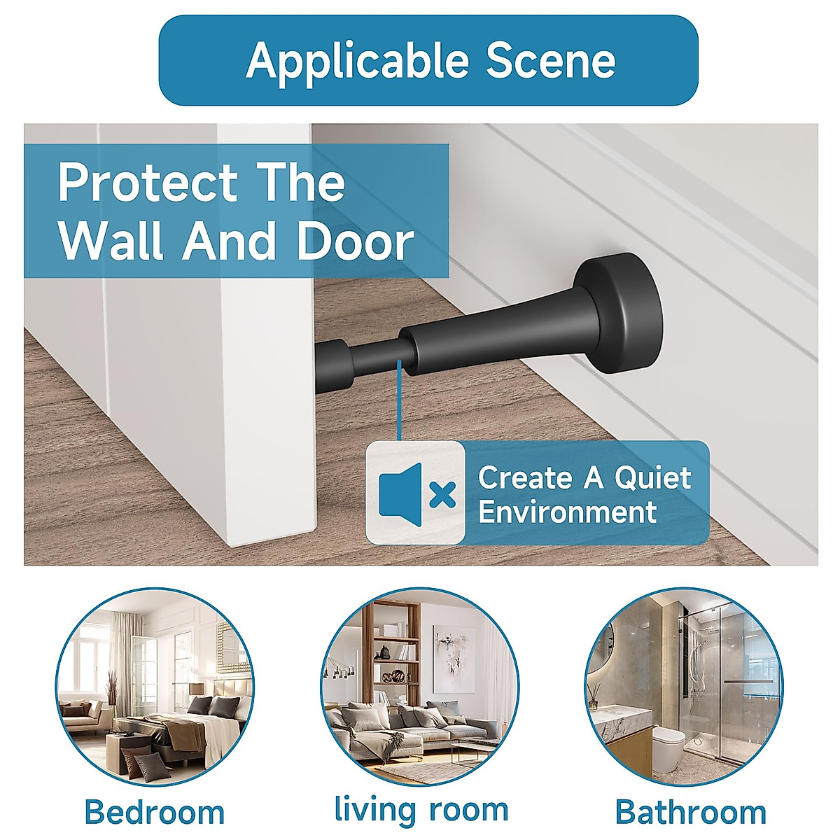 2PCS Spring Door Stoppers, Aluminum Door Stoppers for Bottom of Door, Hydraulic Shock Absorbent Technology, Matte Silicone Tip Black Door Stopper, 4.33 Inch Height