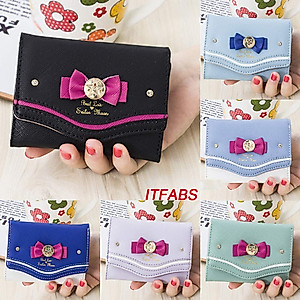 Sailor Moon Small Wallet Kawaii Tsukino Usagi Card Holder Wallet for Girls (Black , One Size )