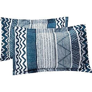 Shatex Full Size Comforter Set (86x82Inch) 3 Pieces,Cozy Bedding for All Season,Blue Bohemian Stripes Comforter,Ultra Soft 100% Microfiber Polyester,Triangle Comforter with 2 Pillow Shams (20x26Inch)