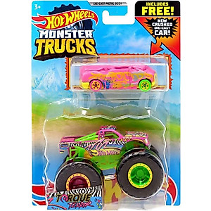 Monster Trucks Torque Terror with Free Crushed car, 1:64 Scale diecast Truck (Pink)