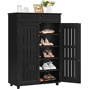 Topeakmart Shoe Rack Storage Cabinet Shelf 5 Tier Adjustable Shoes Organizer with Drawer Louvered Door for Entryway Hallway Furniture Living Room Black