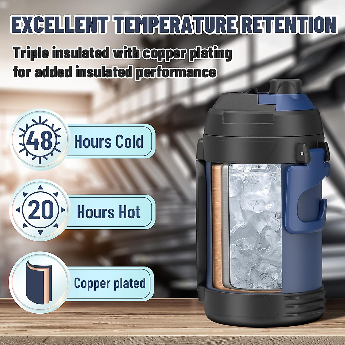 Zukro 1 Gallon Water Jug, One Gallon Large Triple Wall Insulated Metal Jug With Straw and Spout, No Sweat 128 oz Stainless Steel Sport Water Bottle Keeps Cold 48 Hours for Outdoors, Cyan